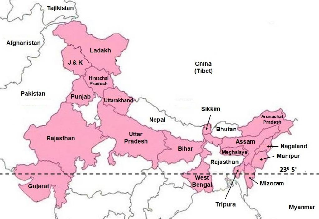 Land Borders of India (15107 km) - Location & Standard Time (IST)